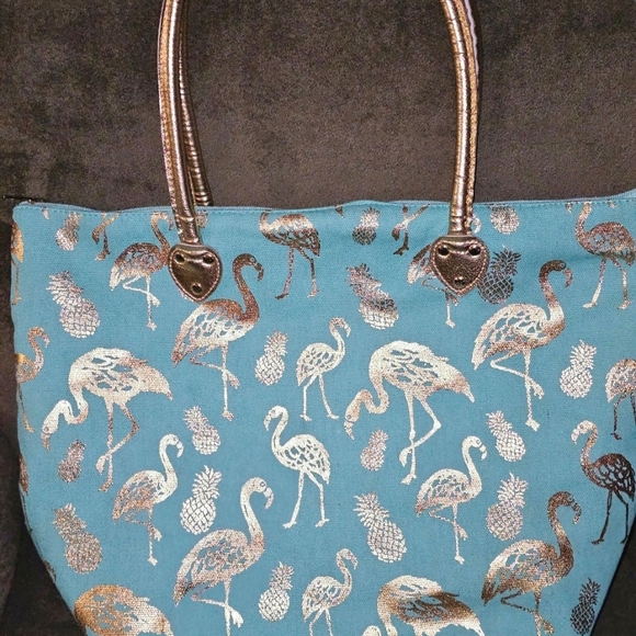 N'Gil | Bags | Rare Maldives Ngil Flamingo Print Tote Bag Teal W Gold ...